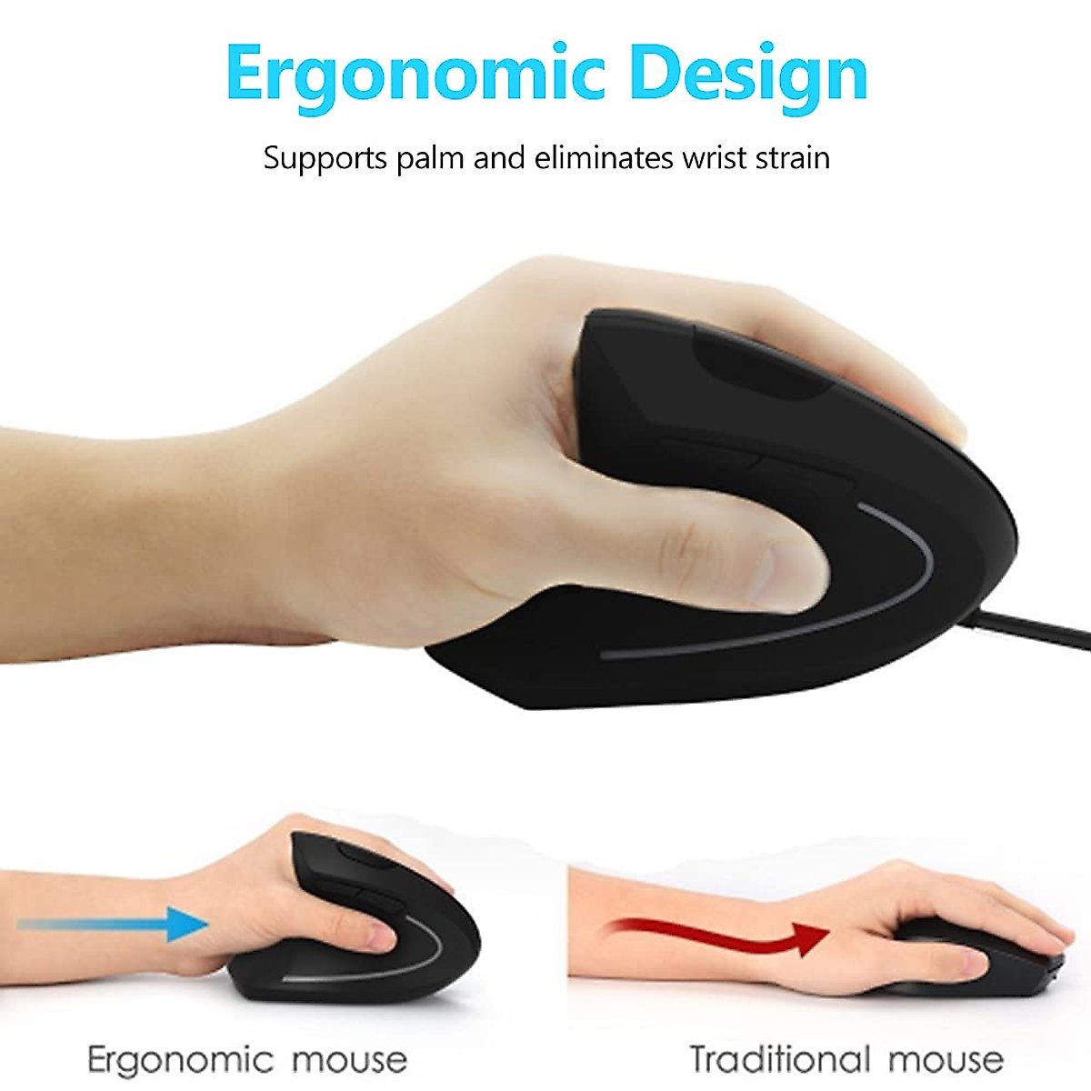 Ergonomic Vertical USB Wired Mouse, Left Handed Optical Mouse, 3 Adjustable DPI 800/1200/1600, 6 Programmable Buttons, Universal Gaming Mouse for Laptop, Desktop, Notebook, PC, Computer (Black)