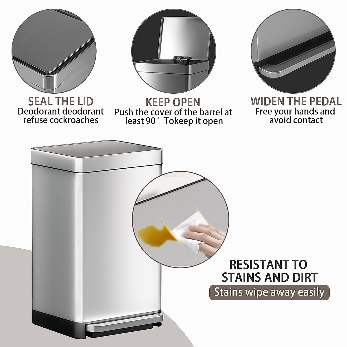 Doyingus 13 Gallon Kitchen Trash Can with Lid, Stainless Steel Garbage Can, Step Pedal and Inner Bucket, Soft Close Lid, (with 50 Count Garbage Bag) (Silver)