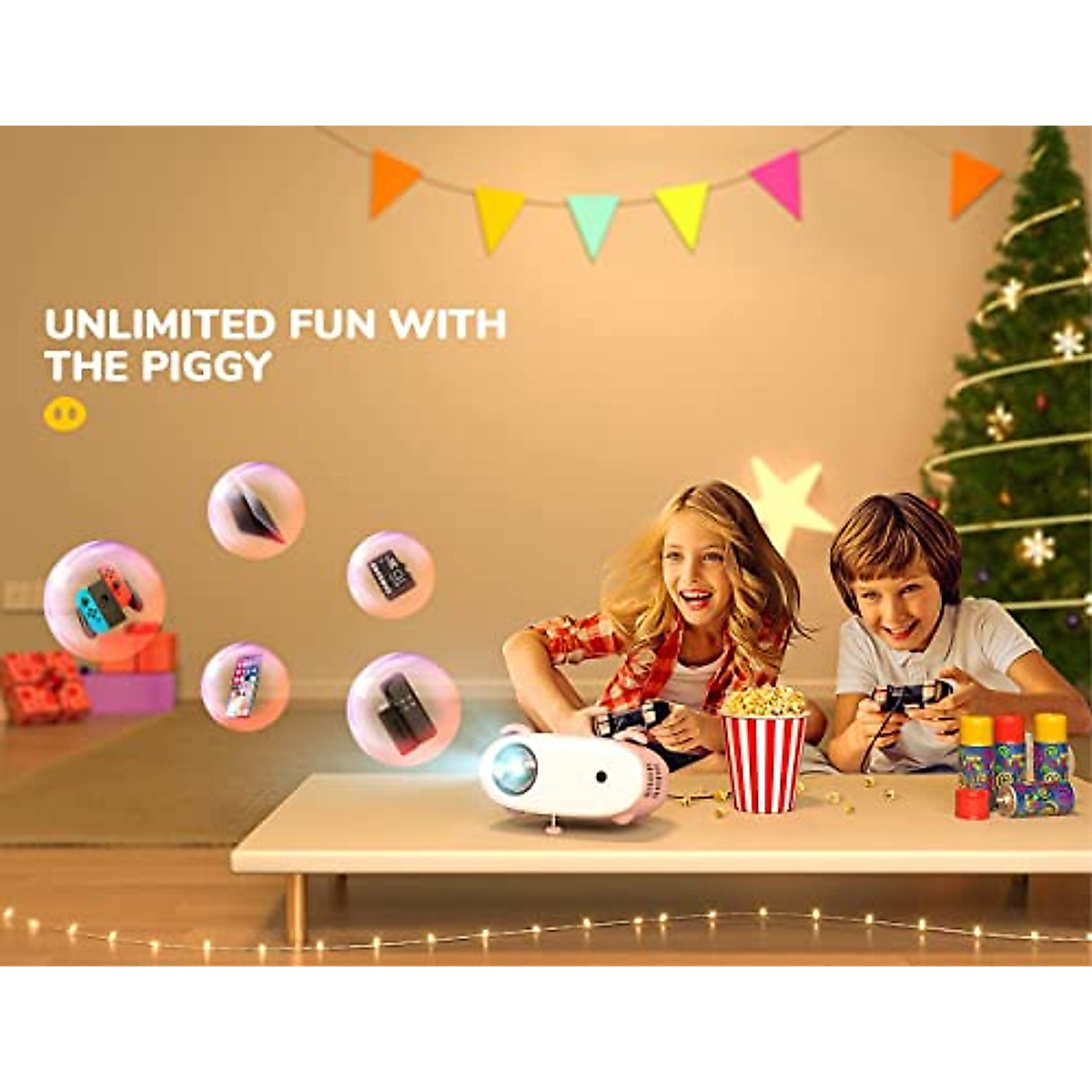 Mini Projector, Portable Video Projector w/ 1080P Supported and 300'' Display, LED Phone Projector for Kids Gifts, Cartoons TV Movie, Party Game, Compatible with HDMI, USB, TV Stick iOS & Android