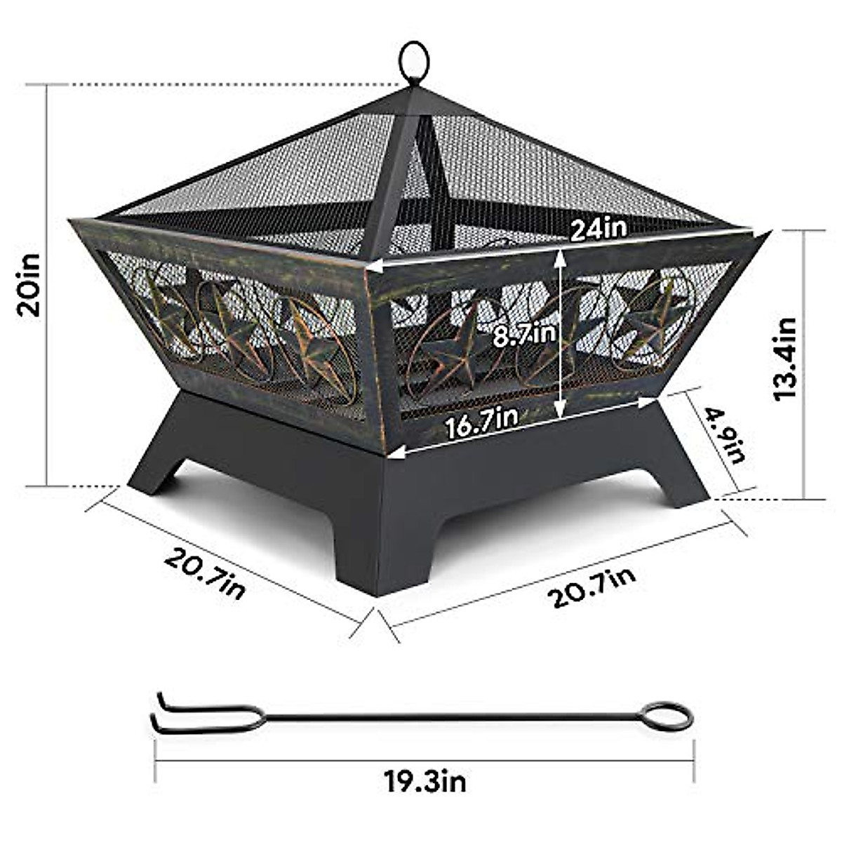 AMAGABELI GARDEN & HOME Fire Pit Outdoor Wood Burning 24in with Fireplace Poker Spark Screen Retardant Mesh Lid Rustproof Bronze