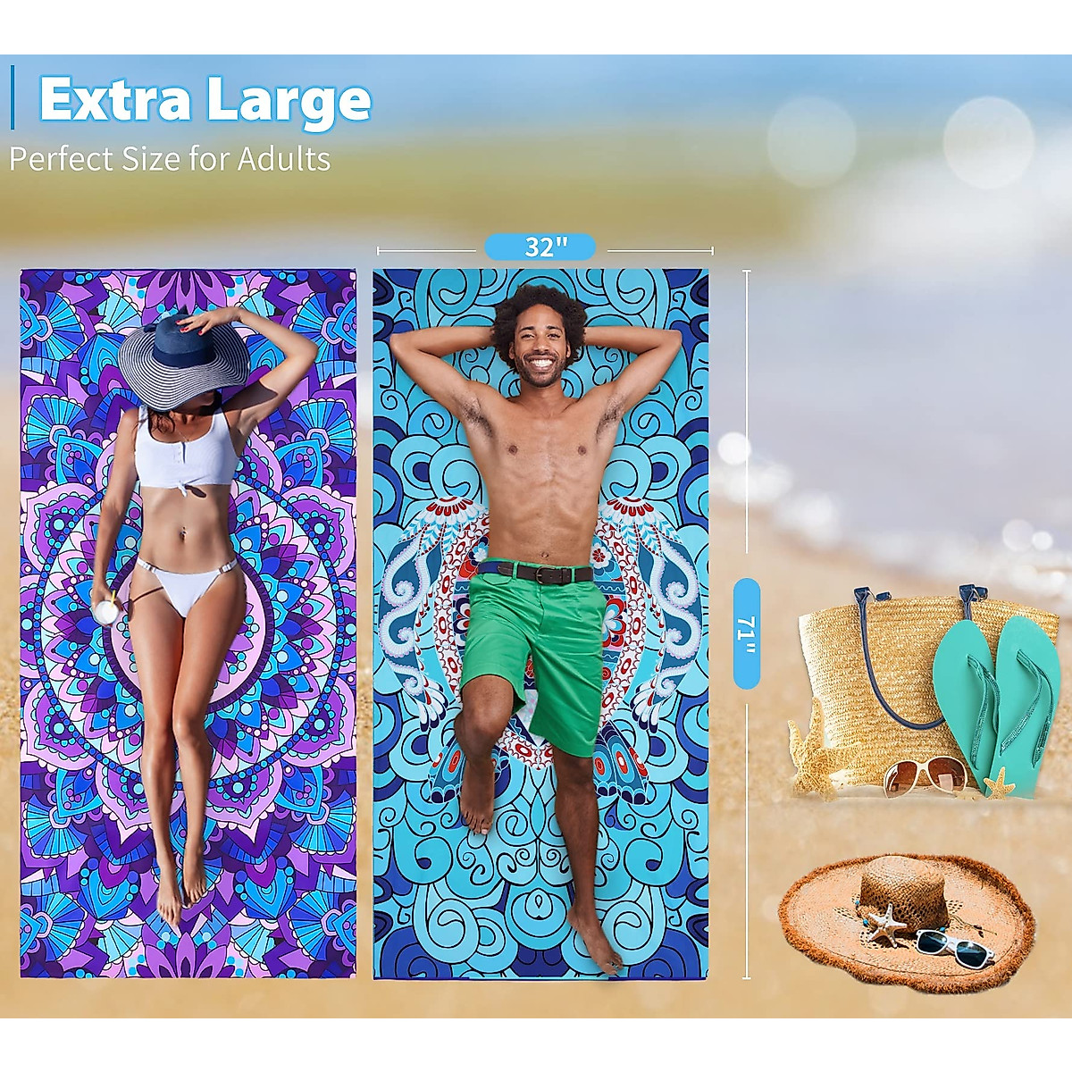 Qinqinamu 2 Pack Microfiber Oversized Lightweight Beach Towel 71"x32" Extra Thin Large Sand Free Towels Travel Swim Pool Yoga Gym for Adults Women Men Beach Essentials Accessories Vacation Gift