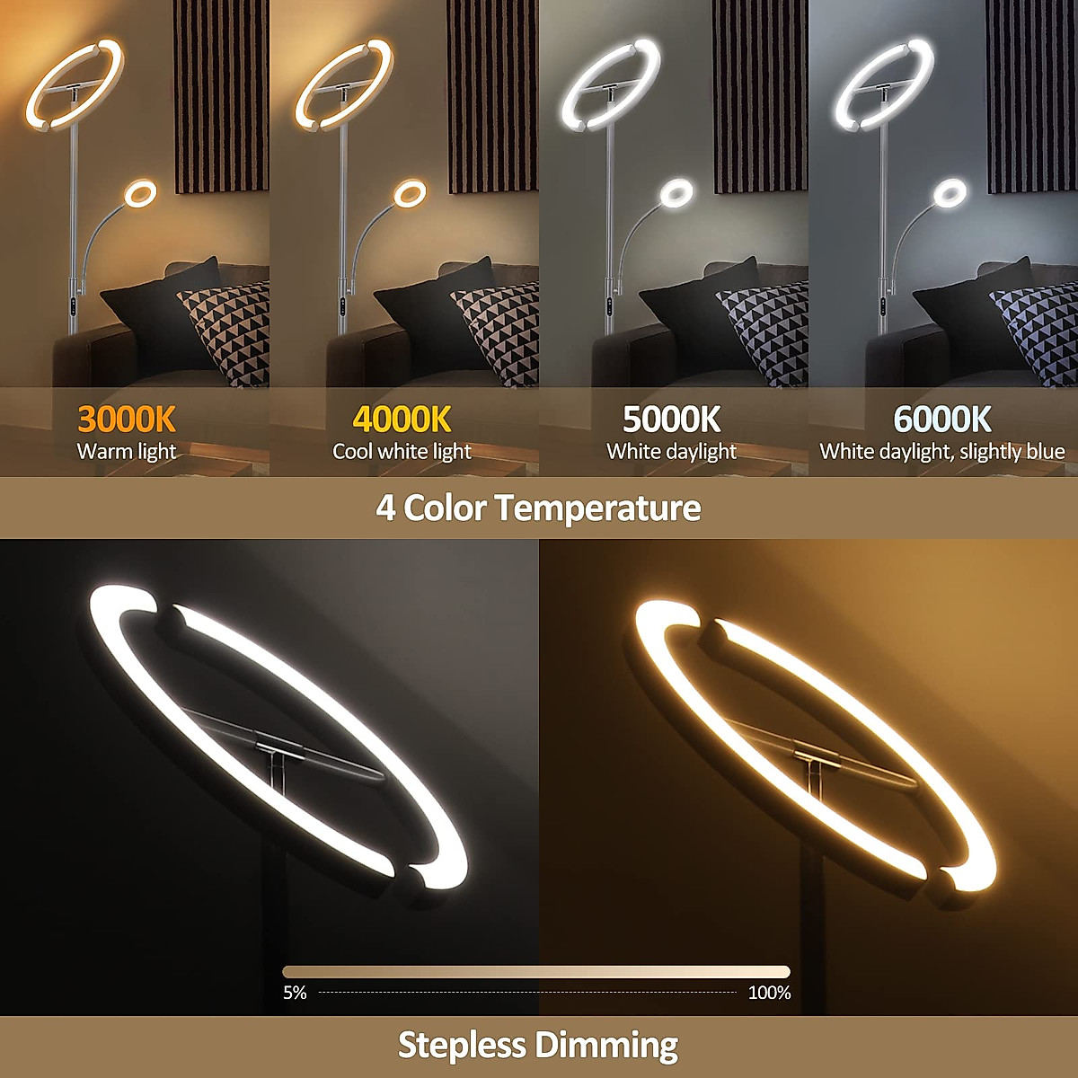 FIMEI Split Floor Lamp with Reading Light, Modern Bright LED Rotatable Standing Lamp with Stepless Dimming and 3000K-6000K Color for Living Room Bedroom Office, Touch and Remote Control, Gray