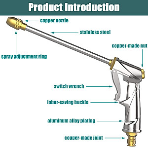 Long Rod Garden Hose Nozzle High Pressure 360° Rotaing Brass Metal Water Adjustmen Sprayer Gun for Car Washing, Plants and Lawn, Patio Gardening, Pets Shower