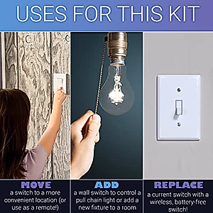 RunLessWire - The Original Self-Powered (NO Batteries) Wireless Light Switch & Receiver Kit, No WiFi Needed, DIY, Remote 150+ft RF Range - Basic: 1 Receiver, 1 Switch - White