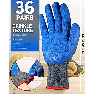 Haysandy 36 Pairs Rubber Latex Double Coated Gloves Large Gardening Gloves Blue Construction Gloves for Men Rubber Coated Gloves for Outdoor