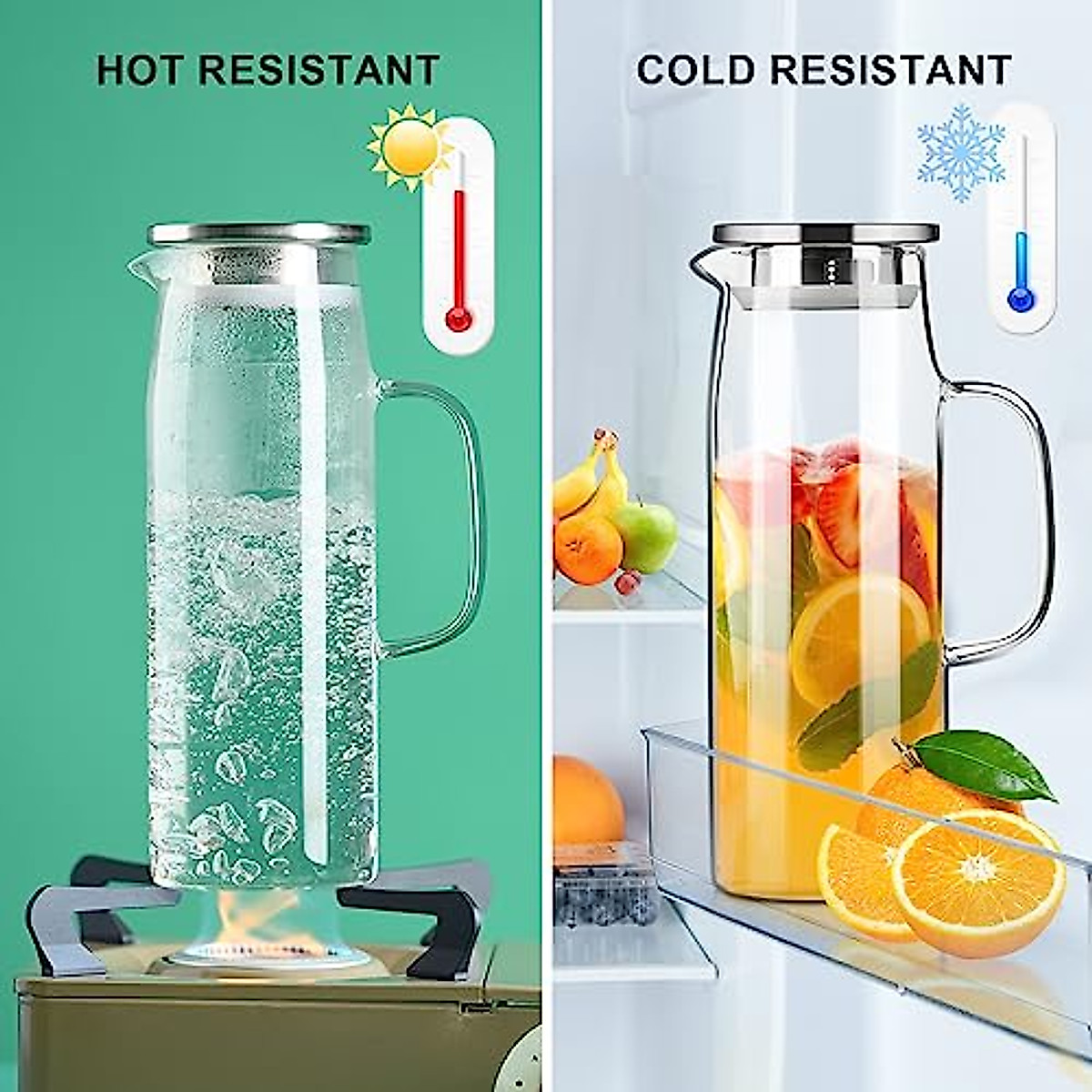 PARACITY Glass Pitcher with Lid and Spout 50oz/ 1.5L, Hot/Cold Water Pitcher, Iced Tea Pitcher for the Shelf of Fridge, Easy to Clean, High Borosilicate Glass Pitcher for Lemonde, Juice and Milk
