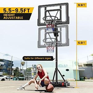 Atufare Portable Basketball Hoop Outdoor for Kids Youth - 5.5FT-9.5FT Easy Height Adjustable Stand System w/Shatterproof Backboard - Indoor Outside Basketball Goal Court with Free Weighted Bag, Black