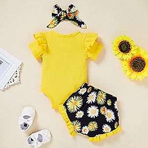 Baby Girl Sister Matching Outfits Little Big Sister Ruffle Romper Tops + Sunflower Shorts Set Summer Clothes(Yellow Little Sis,0-3M)