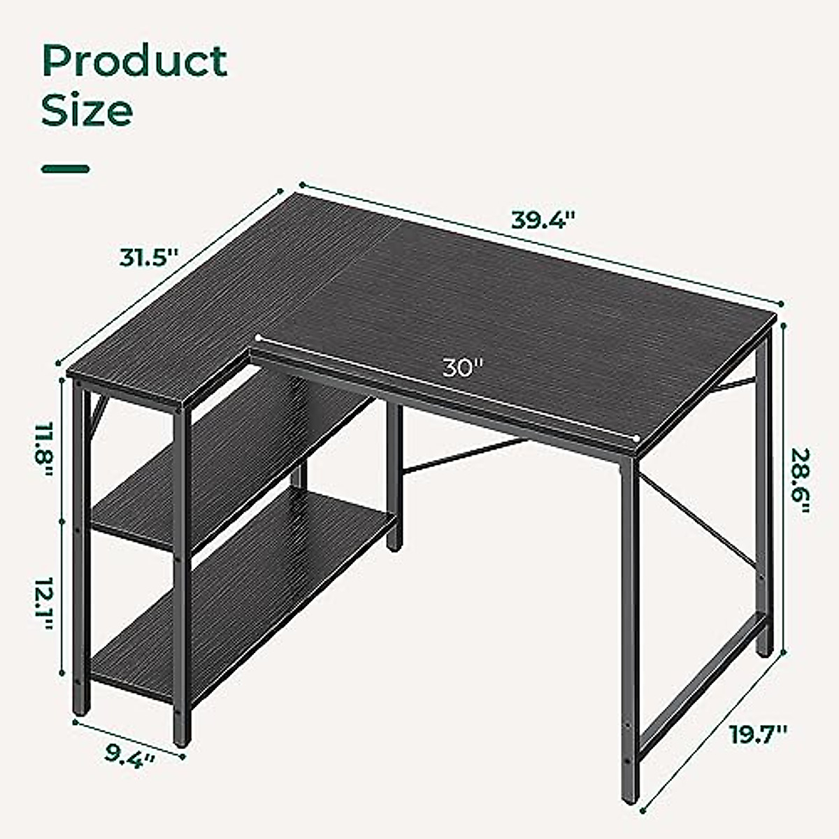 Huuger L Shaped Desk, 39 Inches Computer Desk with Reversible Storage Shelves, Gaming Desk, Corner Desk Home Office Desks, Writing Desk Study Desk with Metal Frame, Black