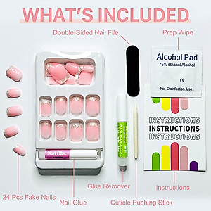 Celepaty French Tip Press on Nails Short Silver Glitter Glossy Glue on Fake Nails Kits Square Oval Full Cover Gel Short False Nails for Women and Girls, 24Pcs