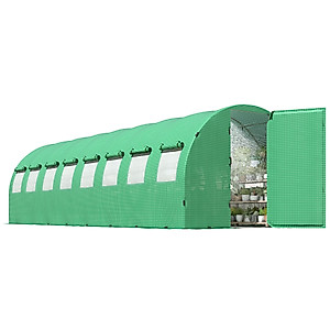 Papababe 26x10x7ft Large Walk-in Greenhouse for Outdoors with Watering System Upgraded Swing Door Tunnel Greenhouse kit, Heavy Duty Galvanized Steel Frame,Ground Pegs & Film Clips,16 Windows, Green