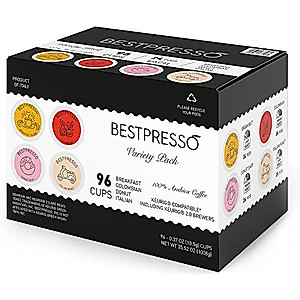 Bestpresso Coffee, Variety Pack Single Serve K-Cup Pods, 96 Count. Includes Breakfast, Colombian, Donut and Italian (Compatible With 2.0 Keurig Brewers) 8 Packs Of 12 Cups