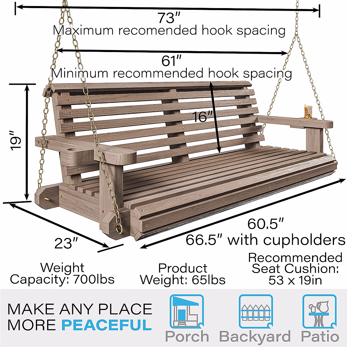 Porchgate Amish Heavy Duty 800 Lb Roll Comfort Treated Porch Swing W/Chains (5 Foot, Warm Walnut Stain)