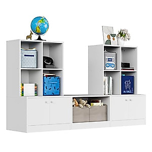 Cozy Castle Combination Book Shelf, 3-Piece Bookcase Set with 8 Cubes and 4 Doors, Large Cube Storage Bookshelf for Living Room, Playroom and Classroom, White
