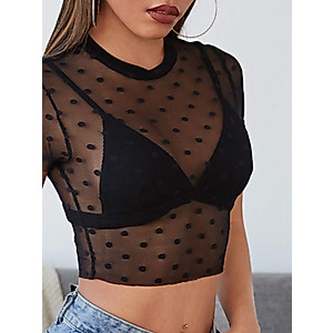 SweatyRocks Women's Short Sleeve Print See Through Sheer Mesh Crop Top T Shirt Polka Dot Black M
