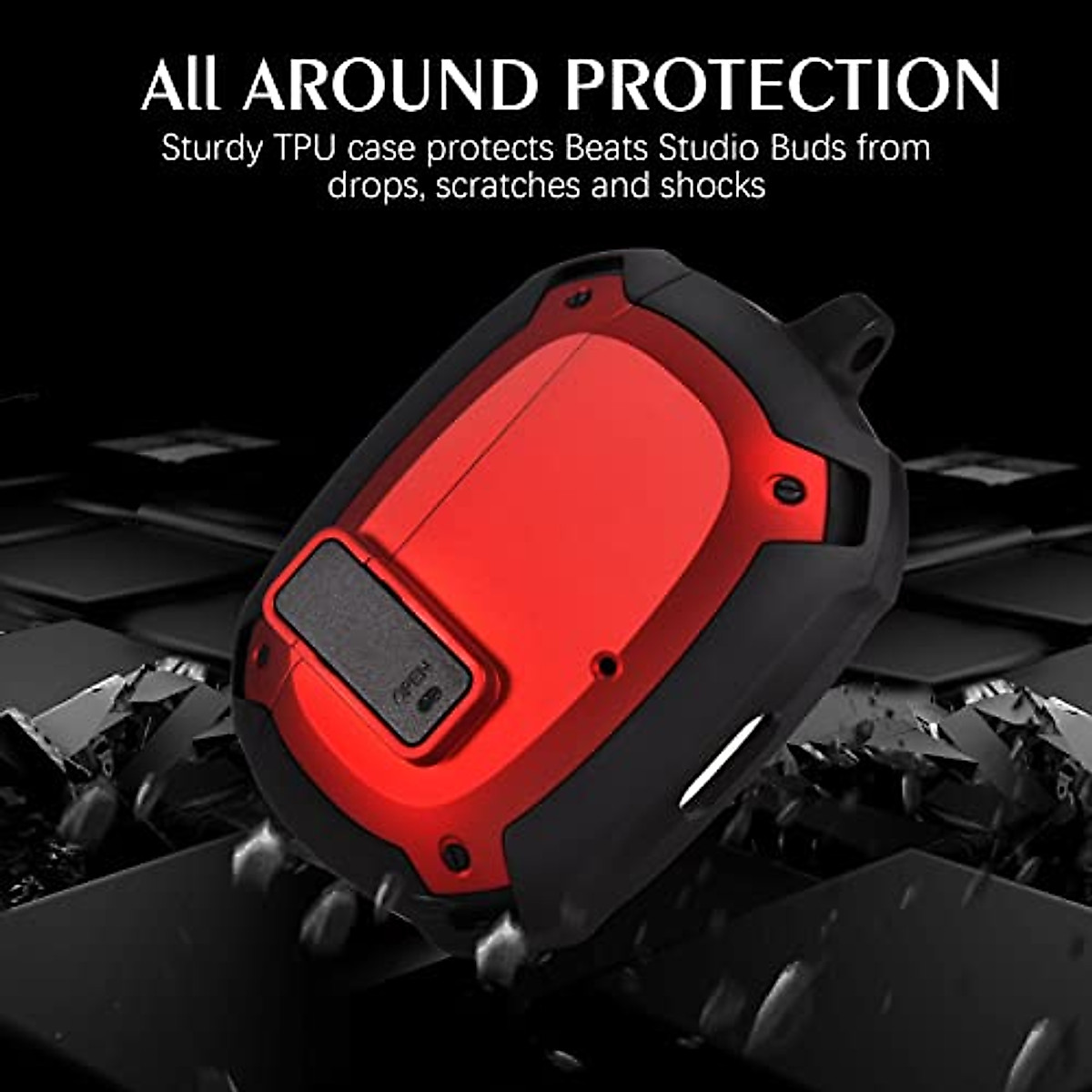 Case for New Beats Studio Buds 2021, Filoto Secure Lock Rugged Beats Studio Buds Hard Shell Protective Wireless Charging Case Cover Earbuds Accessories with Keychain for Men Women (Red)