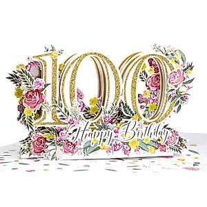 100th Birthday Pop-Up Card, Elegant Floral Design with Glittering Gold Accents, Stunning 3D Pop-Up Greeting Card for Milestone Celebrations