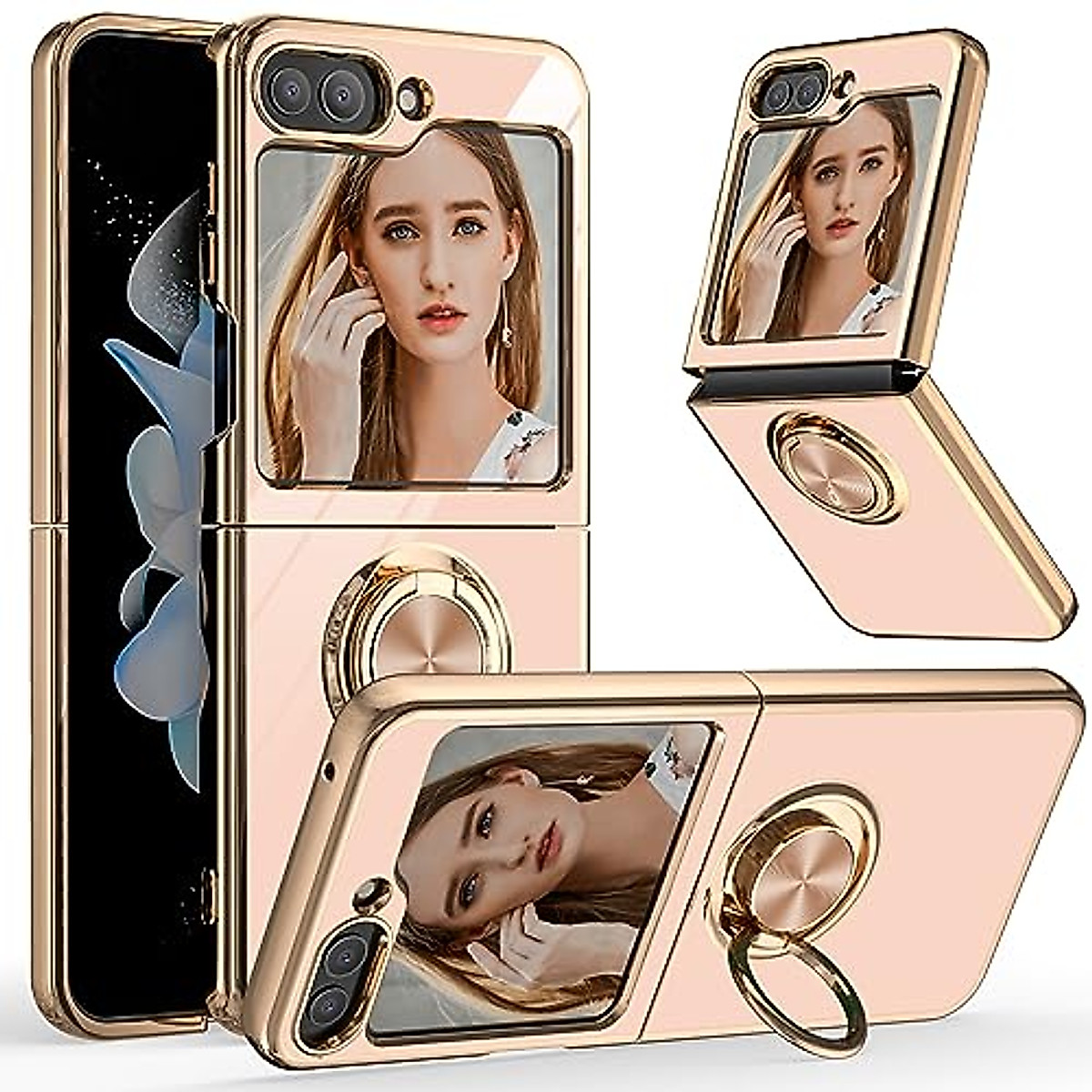 Jasmeas for Galaxy Z Flip 5 Case for Women Girl, Luxury Soft Back Cover with Ring Holder Plating Rose Gold Edge 360° Kickstand Slim Flexible Phone Case for Samsung Galaxy Z Flip5 (2023), Pink