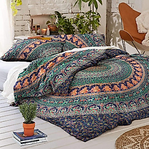 Rubellite Dark Blue Indian Elephant Mandala Duvet Cover King Size Boho Bedding Set Bedspread Cotton Blanket Throw and Two Pillowcase (King)