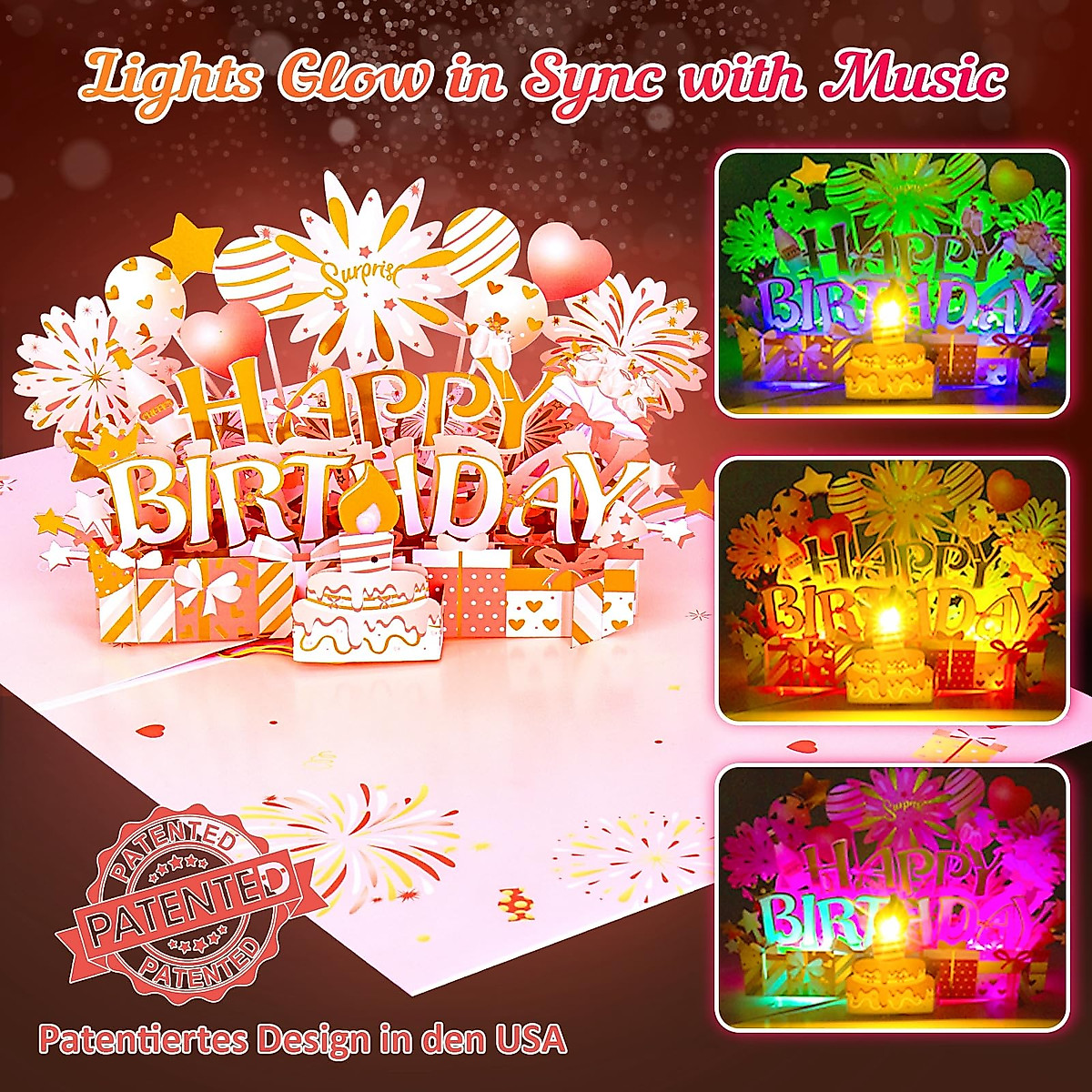 INPHER Birthday Cards for Women Pop Up Happy Birthday Card Blowable LED Candle Light and Music Birthday Gifts for Women Mom Wife Grandma Rose Gold