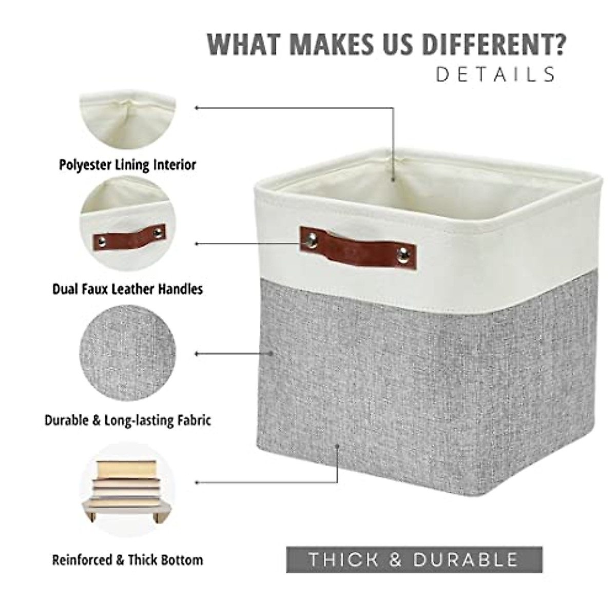 DECOMOMO Cube Storage Organizer Bins 11 inch Cube Storage Bin 4 Pack Cubby Storage Bins Storage Baskets for Organizing Shelf Closet Nursery Toys Cloth Bathroom (Grey&White)