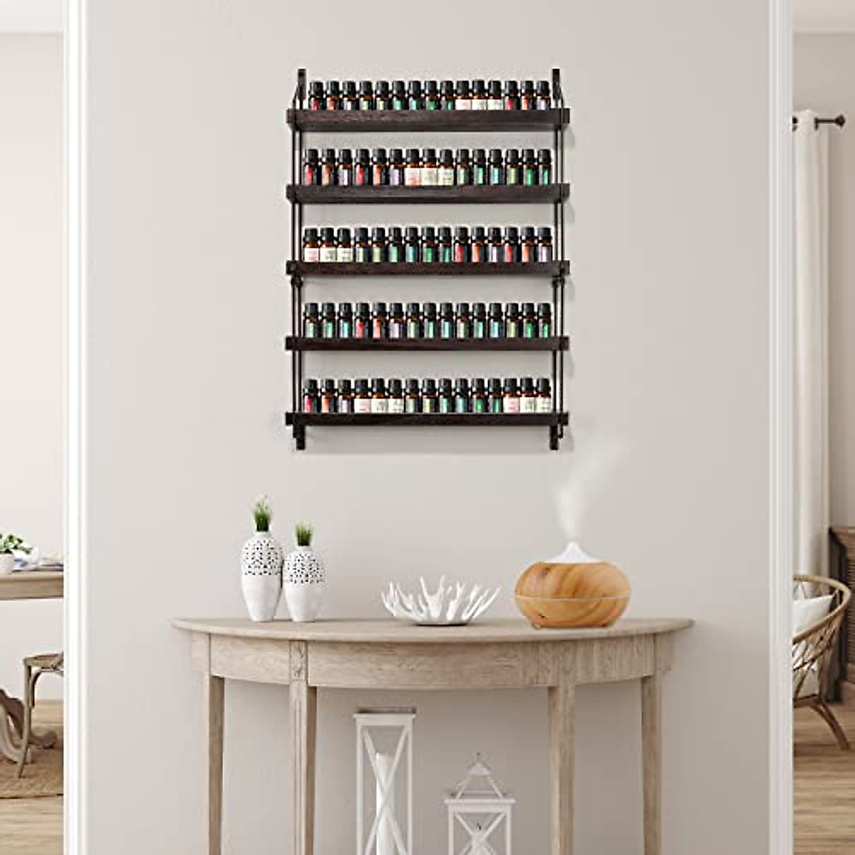 THYGIFTREE Essential Oil Storage Shelf Wall Mounted Wooden Essential Oil Collection Display Rack Organizer 5 Tiers Holds 75 Bottles, Nail Polish Holder Paint Organizer