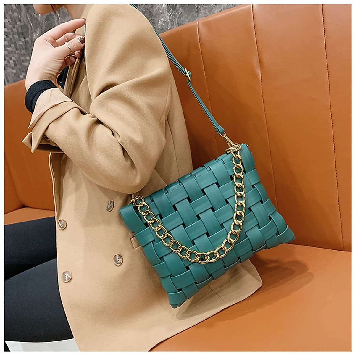 YP Women Large Crossbody Bag Woven Envelope Purses Pu Leather Shoulder Handbags (B-Green)