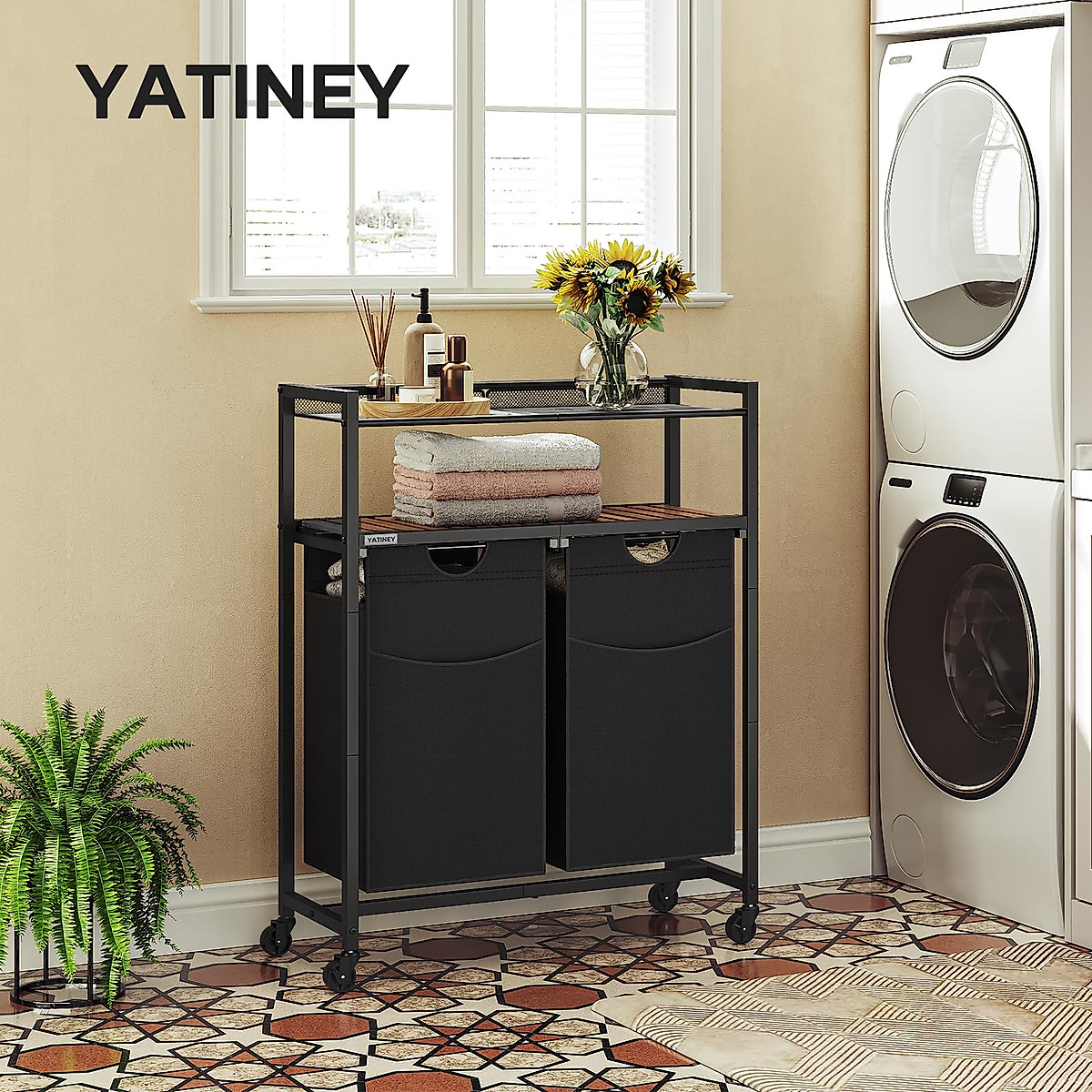 YATINEY Laundry Hamper with Wheels, Laundry Sorter 2 Section, Rolling Laundry Basket, 2 Pull-Out and Removable Laundry Bags, for Laundry Room, Badroom, Rustic Brown LS22BR