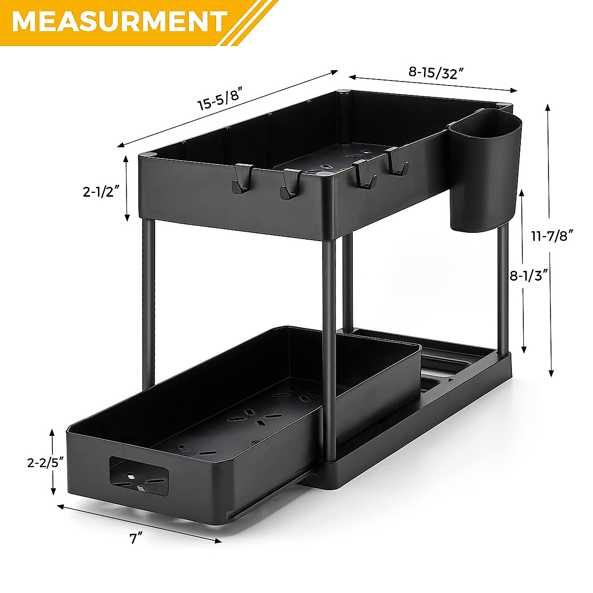 Under Sink Organizers and Storage, 2 Tier Pull Out Cabinet Organizer, Kitchen Cabinet Organizer Bathroom Sink Organizer with Hooks, Cabinet Organizers and Storage for Bathroom, Black, 2 Pack