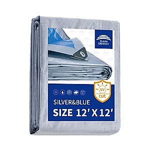 RAINDEWAY Tarps 12x12 Feet - 5.5 Mil, Multipurpose Waterproof Poly Tarp Cover with Metal Grommets and Reinforced Edges, Silver/Blue Tarp