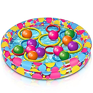 Gamie Floating Ring Toss Game for Kids, Outdoor Carnival Game Set with Inflatable Pool, Floating Rings, and Colored Plastic Balls, Outdoor Games for Family and Backyard Parties