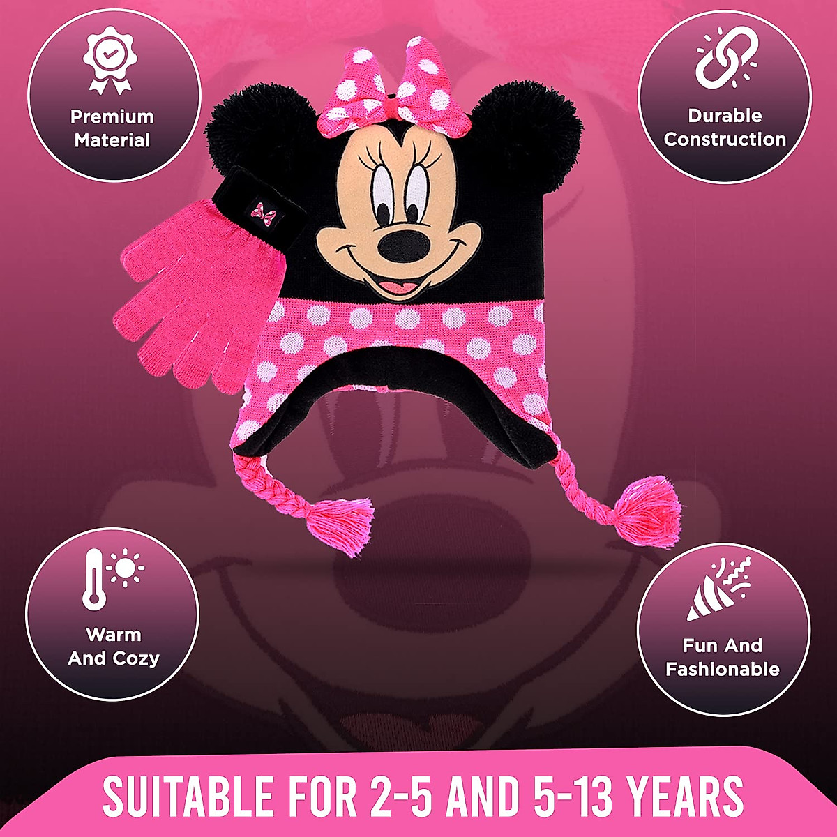 Disney Minnie Mouse Kid’s Winter Hat and Snow Gloves for Girls and Toddlers, 2 Pc. Set, Warm Fleece Lined Beanie with Bow