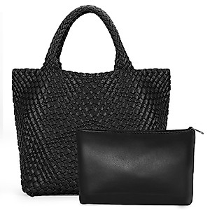 Woven bag for women,Fashion woven tote bag for women,Large vegan soft leather beach travel bag & purse,handmade shoulder bag (Black)
