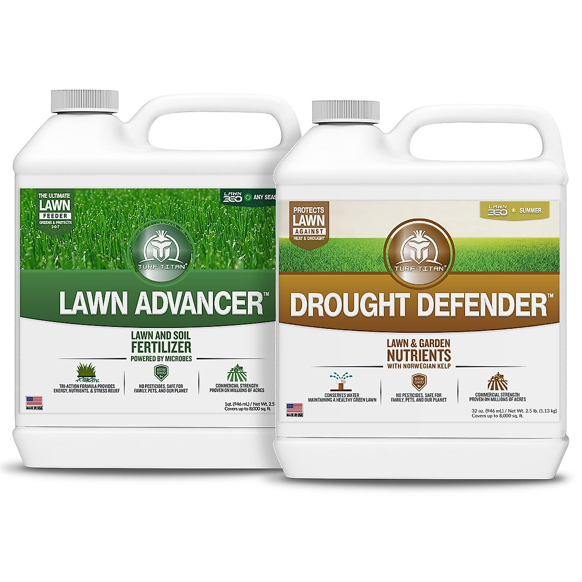 Turf Titan Lawn Advancer & Drought Defender Bundle - Made in The USA, Early Summer Lawn Fertilizer with Norwegian Kelp Extract, Nitrogen, Soluble Potash, Boron, Manganese, and Zinc, Non-GMO, 32 oz