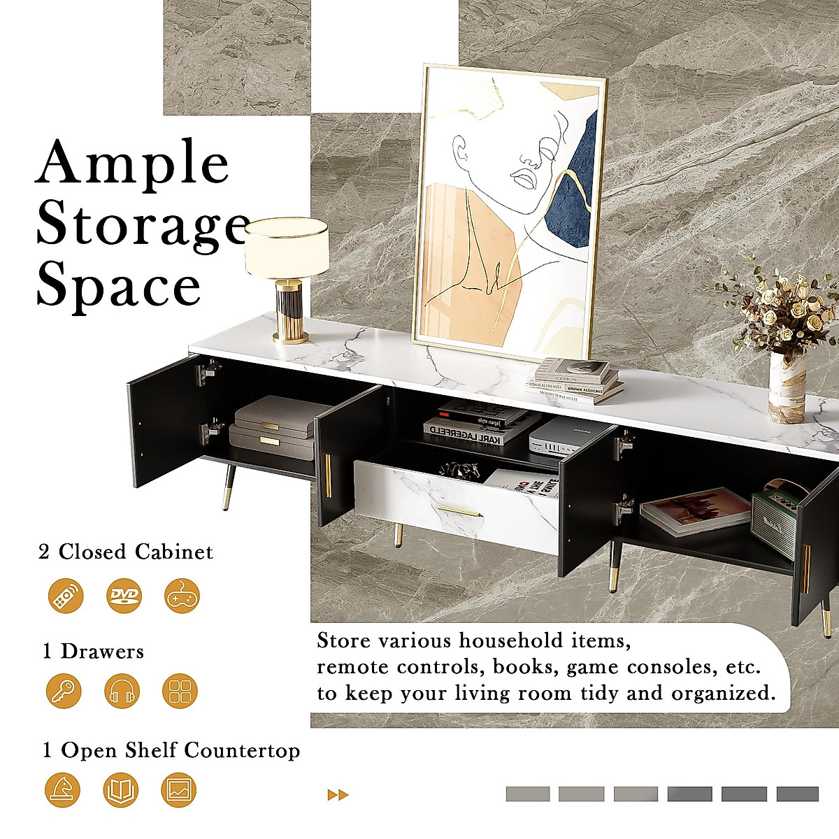 Merax Modern TV Stand for 80 Inch TV, 70 Inch Black & White TV Stand with Storage Cabinets, Drawer, and Open Space, Universal Entertainment Center Media Console for Living Room, Bedroom, Office