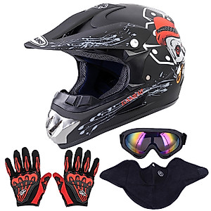 OUMURS Adult Dirt Bike Helmet with Goggles Gloves & Mask Adjustable Sun Visor DOT/FMVSS-218 Motorcycle Adult ATV Helmet Off-Road Motocross Downhill Moped MX for Unisex-Adult-New Black Skull, L