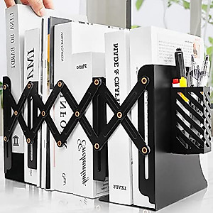 Heavy Duty Book End to Hold Books + Detachable Pen Holder, Adjustable Bookends Book Holder for Shelves, Decorative Book Organizer for Desk, Sturdy Metal Book Ends Binder Holder for Tabletop