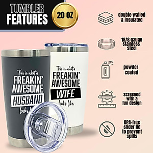 Brooke & Jess Designs Funny Tumbler Gift Set for Husband and Wife - Awesome Wife Cup Husband Tumbler Coffee Mug - Great Travel Cup Gifts for Husbands and Wives, Birthday Presents for Her, Him