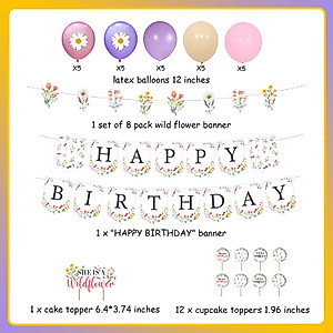 Fangleland She is A Wildflower Theme Birthday Decorations for Girls - Daisy Macaroon Pastel Balloons, Happy Birthday Banner, Cake Cupcake Toppers - Floral Baby Shower Party Decors Supplies
