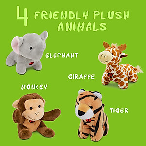 Hoovy Plush Jungle Animals Toy Set (5 Pcs) with Carrier for Kids|Stuffed Monkey, Giraffe, Tiger & Elephant|Great for Boys & Girls