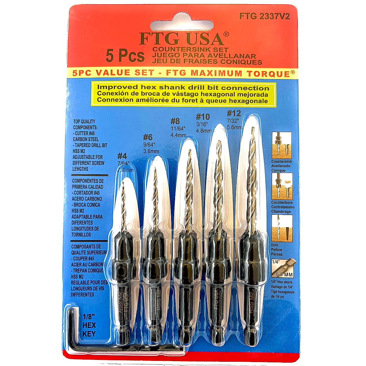 FTG USA Wood Countersink Drill Bit Set 5 Pc Countersink Drill Bit #4, 6, 8, 10, 12, Tapered Drill Bits with 1/4" Hex Shank Quick Change, Allen Wrench, and 6 Pc Storage Containers