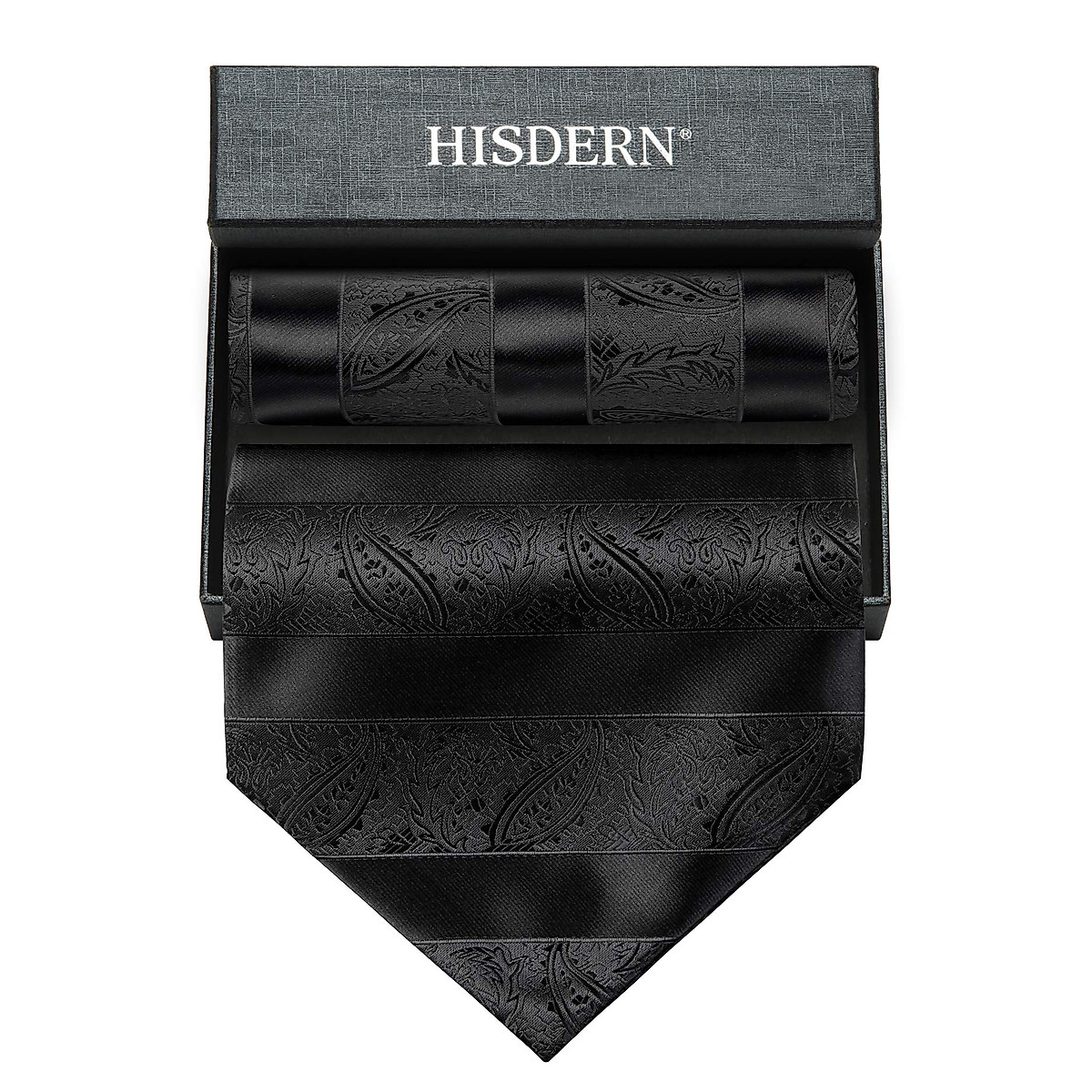 HISDERN Men's Cravats Black Ascot Ties for Men Paisley and Pocket Square Set Woven Classic Floral Ascot Scarf for Men Handkerchief Wedding Party