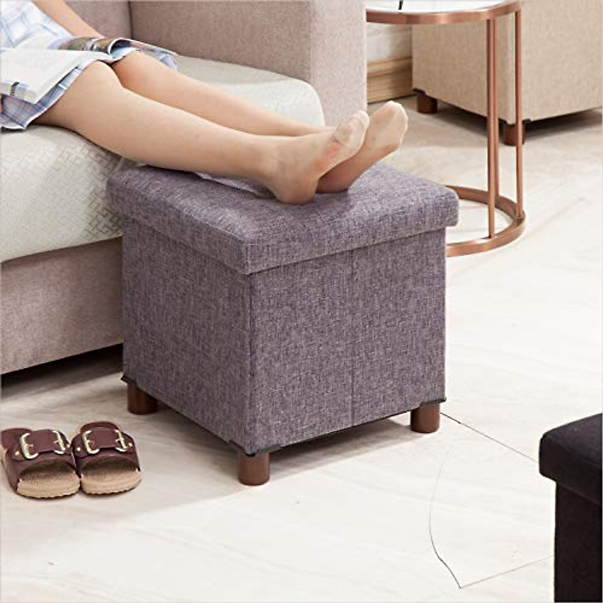 15 Inches Storage Ottoman with Wooden Legs Cube Foot Rest Stool, Square Footstool Storage, Ottoman with Storage for Living Room, Foldable Fabric Ottoman, Comfortable Seat with Lid, Space-Saving Grey