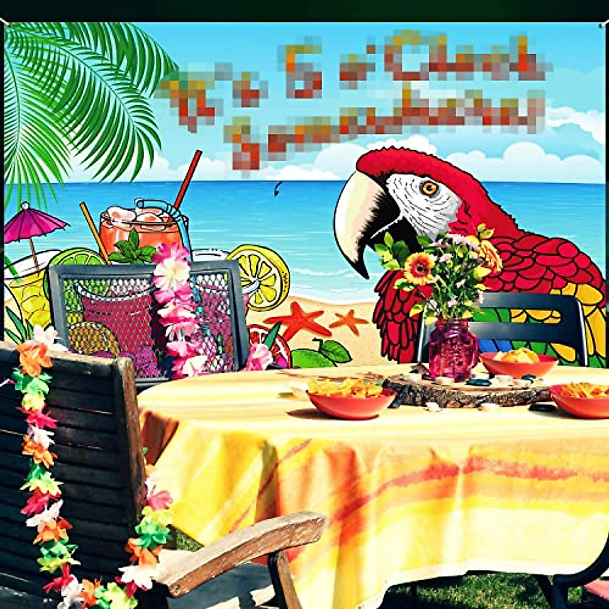 It's 5 O'clock Somewhere Backdrop Parrot Pattern Summer Tropical Sea Beach Photo Booth Backdrop Background Banner for Summer Tropical Luau Hawaiian Aloha Party Decoration Supplies, 71 x 43 Inch