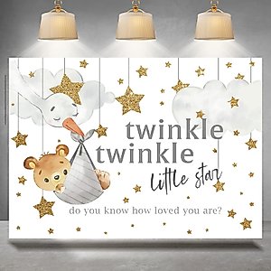 Rsuuinu Twinkle Twinkle Little Star Backdrop Baby Bear Gold Stars Clouds Baby Shower Birthday Newborn Photography Background Baby Kids Wall Decorations Party Banner Supplies Photo Booth Props 7x5ft