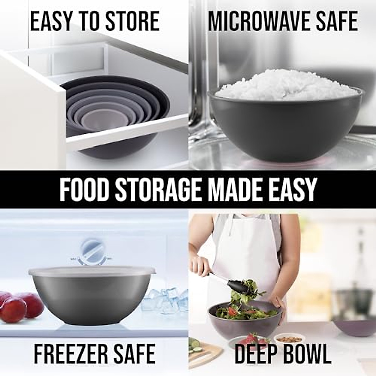 Zulay Kitchen 12 Piece Plastic Mixing Bowls with Lids Set - Colorful Mixing Bowl Set for Kitchen - Nesting Bowls with Lids Set - Microwave and Freezer Safe (Gray Ombre)