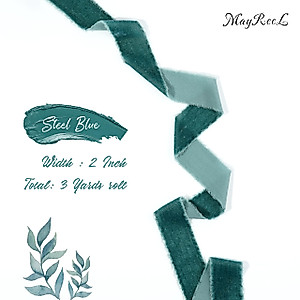MAYREEL Steel Blue Velvet Ribbon 2 Inch x 3 Yards Frayed Edge Silk Velvet Ribbon Hand Torn Blue Ribbon with Raw Edge for Bridal Bouquet, Invitations, Wedding, Vow Books, Gift Basket, Hair Bows