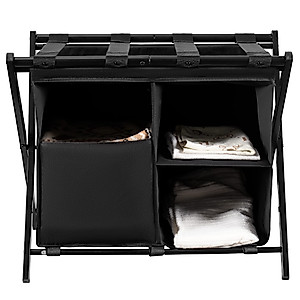Heybly Luggage Rack with Laundry Bag,Steel Folding Suitcase Stand for Bedroom, Hotel, Foldable Steel Frame, Guest Room Bedroom Hote, 23.62" L x 15.57" W x 24.21" H, Black,HLR006B1