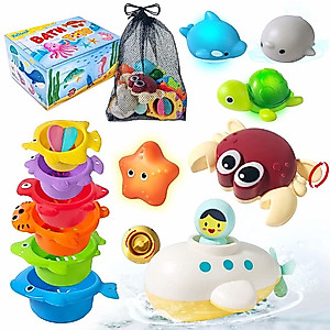 Bath Toys Gifts for Age 3 4 5 6 7 8+ Years Old Kids Boys Girls Toddlers - Swim Pool Bathtub Tub Toys for Toddlers Summer, Stacking Cup with Wind Up Water Toys for Baby Birthday Christmas