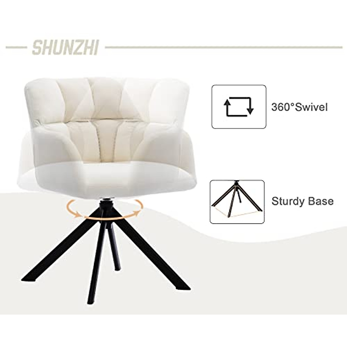 Shunzhi Modern Velvet Office Chair No Wheels Swirl Desk Chair Comfy Computer Task Chair Metal Legs Upholstered Accent Arm Chair for Living Room/Bedroom/Small Spaces/Home Office, White